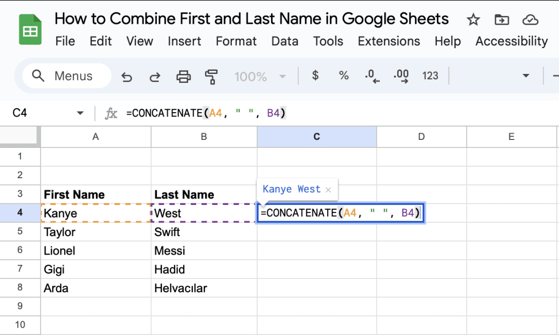 How To Combine First And Last Names In Google Sheets
